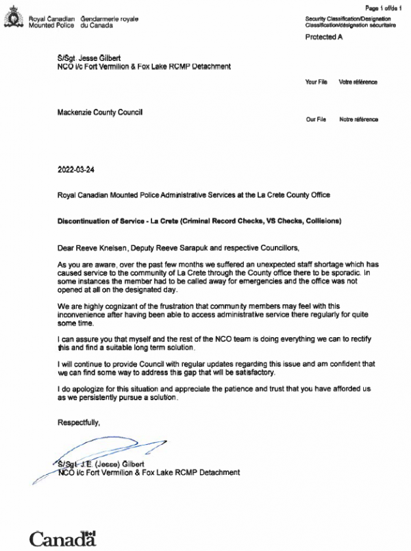 Discontinuation of RCMP Services out of La Crete County Office ...